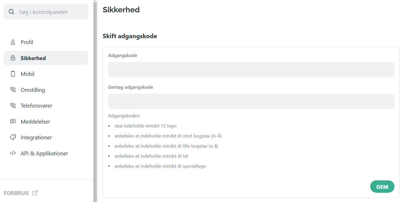 Oprette eller ændre adgangskode samt info om tofaktorlogin